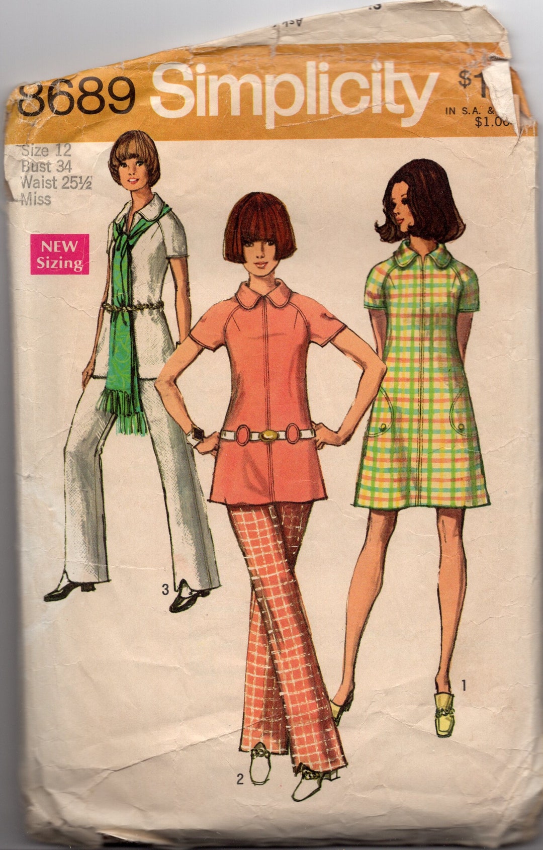 Vintage 70's Sewing Pattern: Simplicity 8689, Tunic Top, Dress, Pants ...