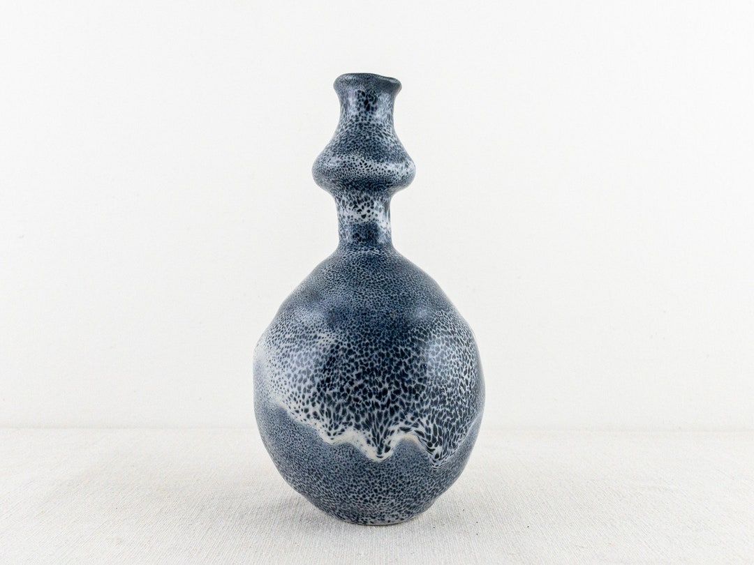 Blue and White Spotted Studio Pottery Vase, Bud Vase With Bulbous Base ...