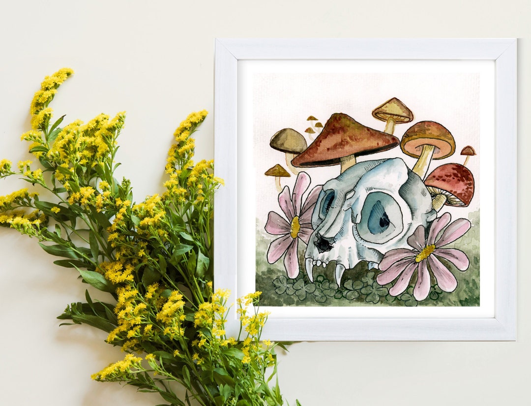 Regrowth Watercolor Fine Art Print, Cat Skull and Mushrooms - Etsy