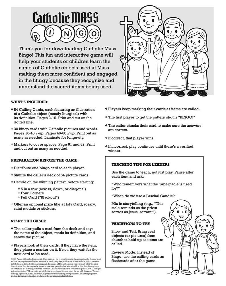 Printable Catholic Mass Bingo Game – Black and White | Downloadable ...