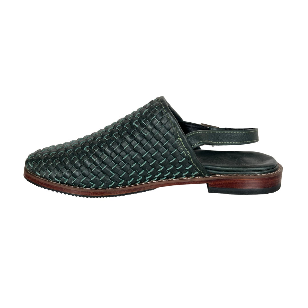 US Size 7.5 Mules, Leather Shoes, Forest Green Shoes, Woven Mules ...