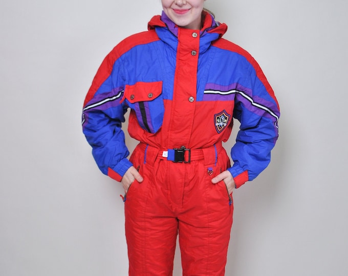 One Piece Red Ski Suit, Retro Pattern Full Snow Suit, Size M - Etsy