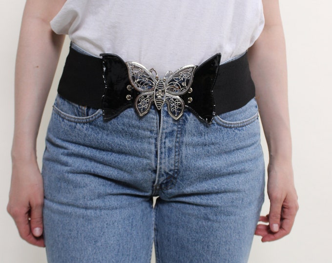 90s Elastic Belt, Vintage Black Women Belt With Butterfly Buckle and ...