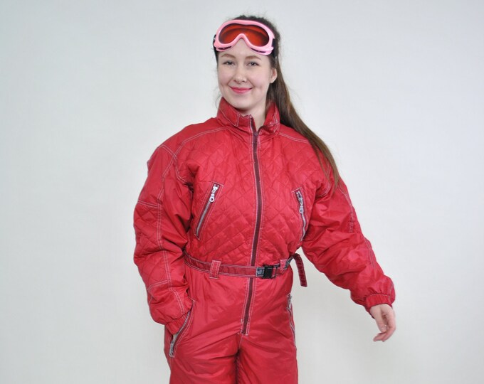 One Piece Ski Suit, Vintage Red Snowsuit MEDIUM Size 90s Winter Overall ...