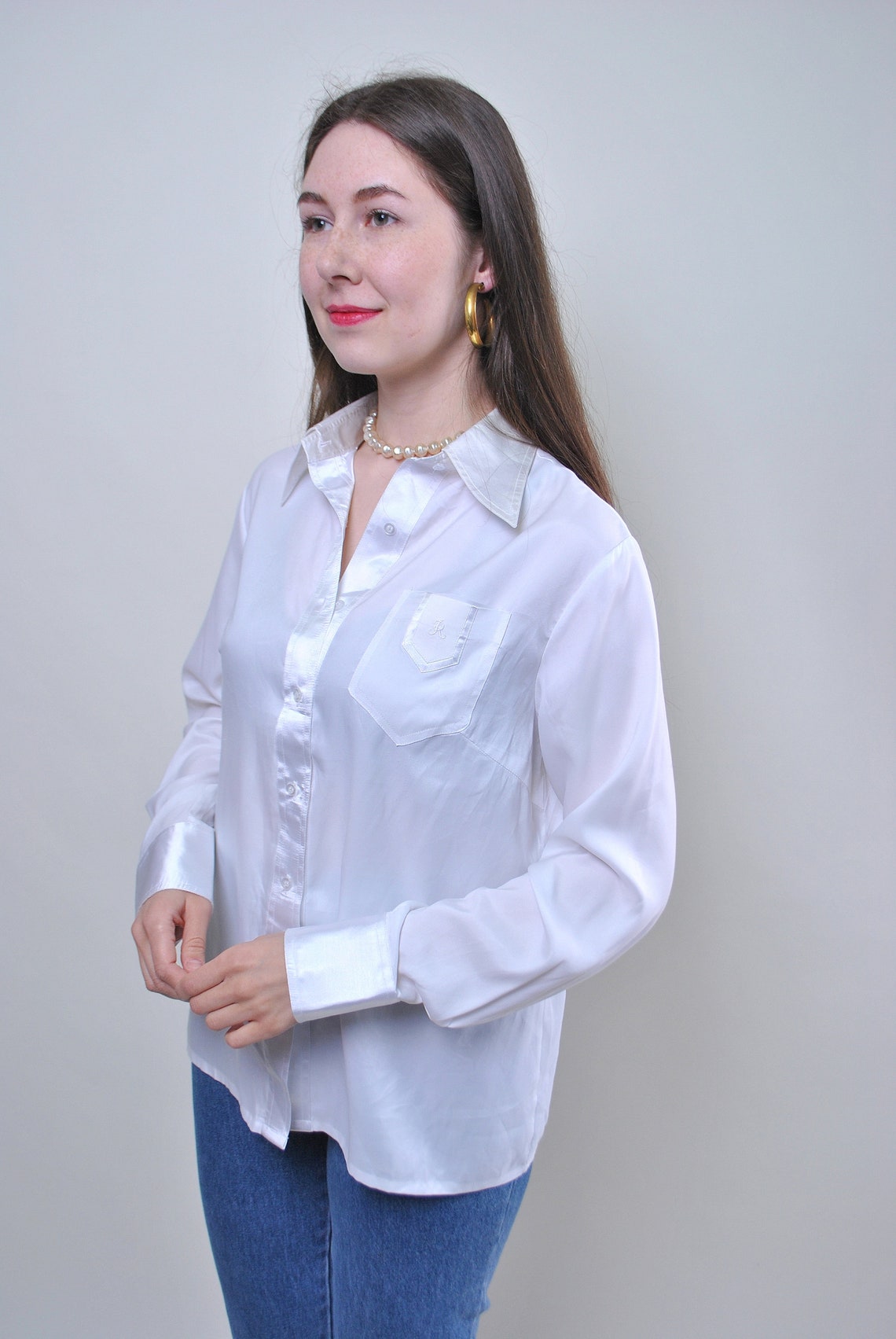 Vintage White Office Blouse 90s Retro Floral Shirt Size L - Etsy