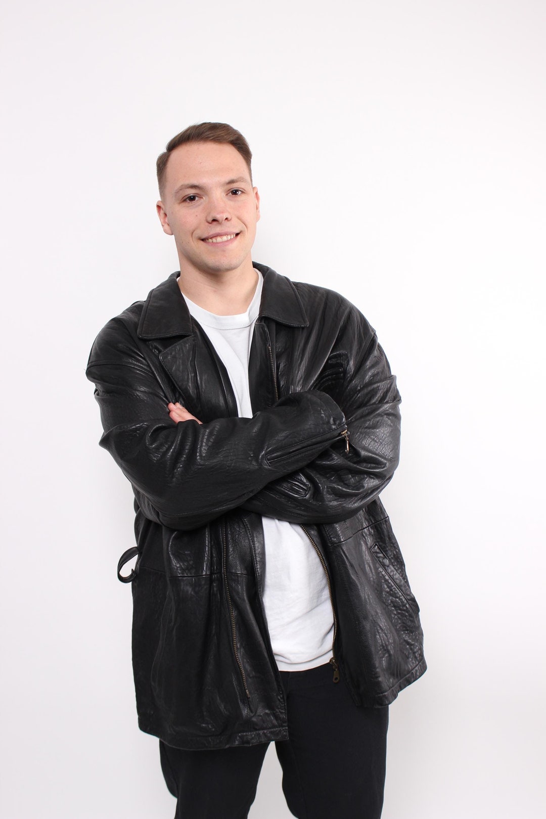 90s Biker Leather Jacker in Black, Vintage Rocker Jacket, Size XL - Etsy
