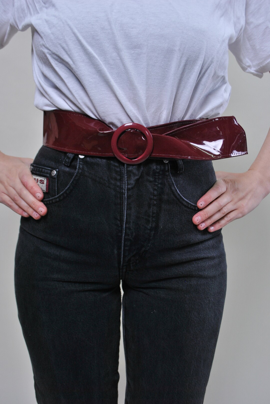 90s Red Wide Belt, Vintage Shiny Yoke Belt MEDIUM Size Round Buckle ...