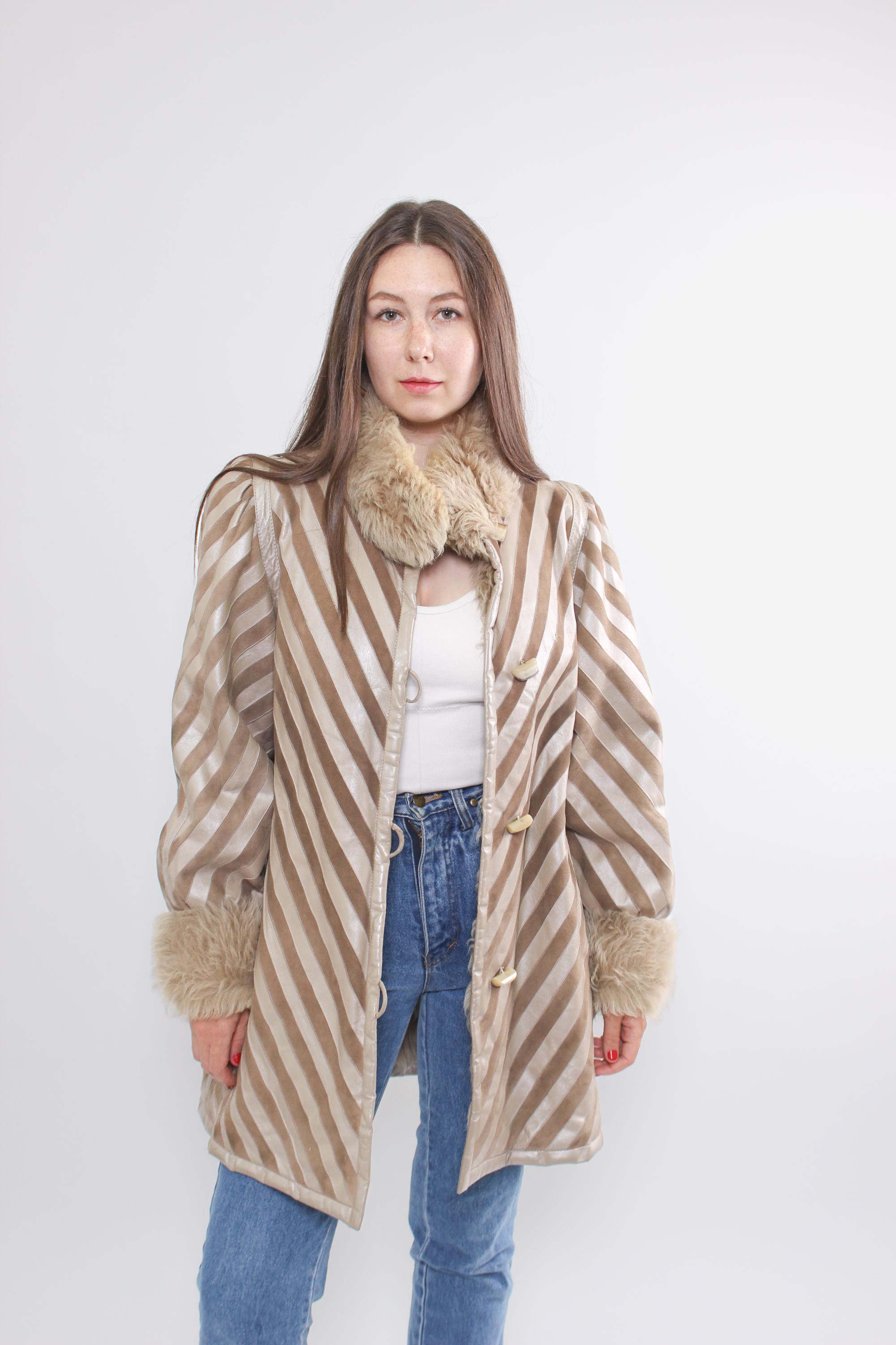 80s Suede Penny Lane Coat, Vintage Striped Faux Fur Leather 80s Suede Penny Lane Coat, Vintage Striped Faux Fur Leather