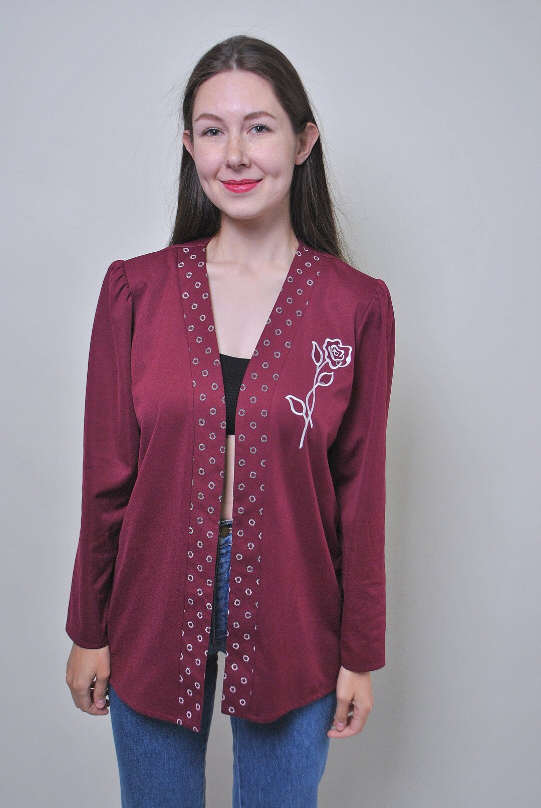 Vintage Red Formal Blouse, Rose Print 80s Overshirt, Size L - Etsy