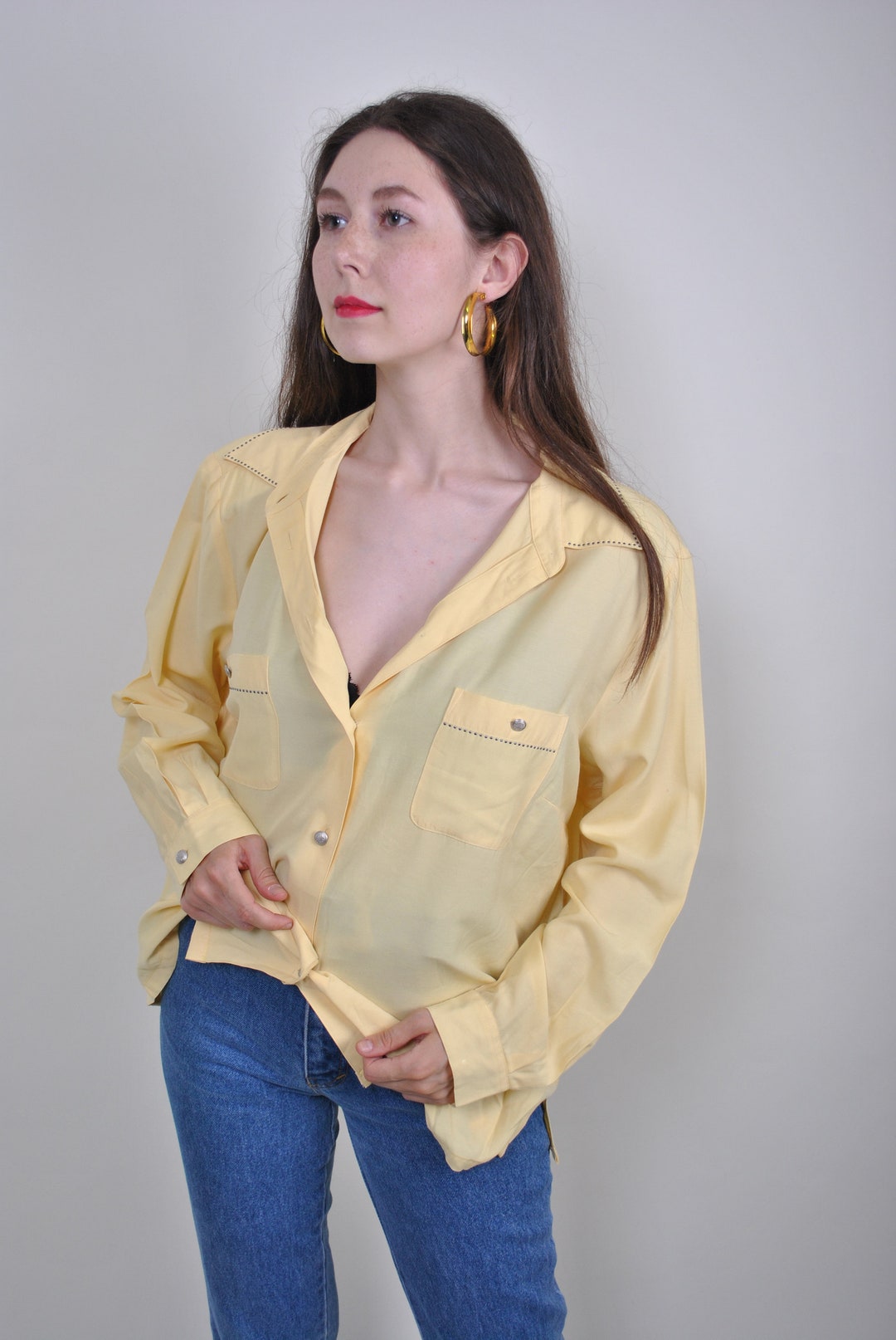 80s Yellow Sheer Blouse, Vintage Minimalist Long Sleeve Heritage Shirt ...