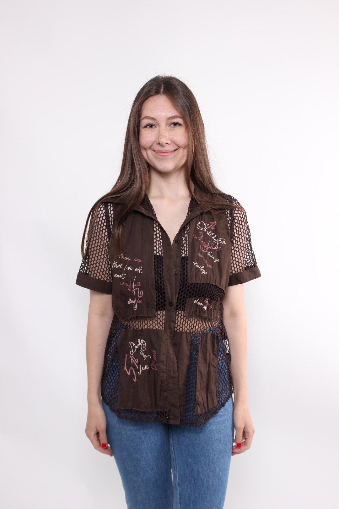 Y2k Black Sheer Blouse, Vintage 2000s Transparent Grid Blouse, Size M ...