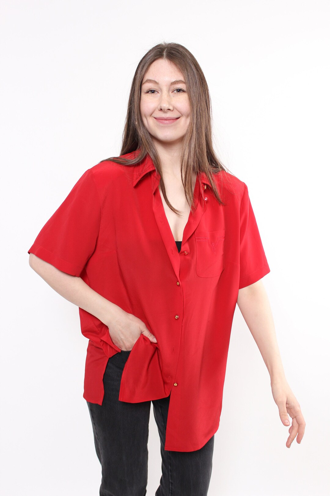 90s Red Formal Blouse, Vintage Woman Short Sleeve Minimalist Button up ...