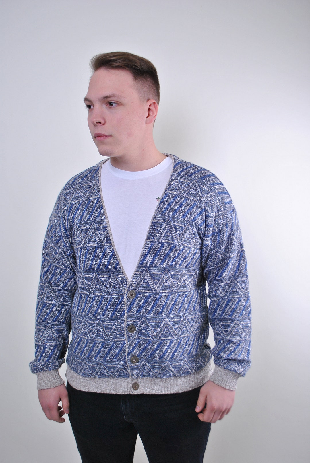 90s Abstract Cardigan, Vintage Cozy Sweater MEDIUM Size Patterned Blue ...