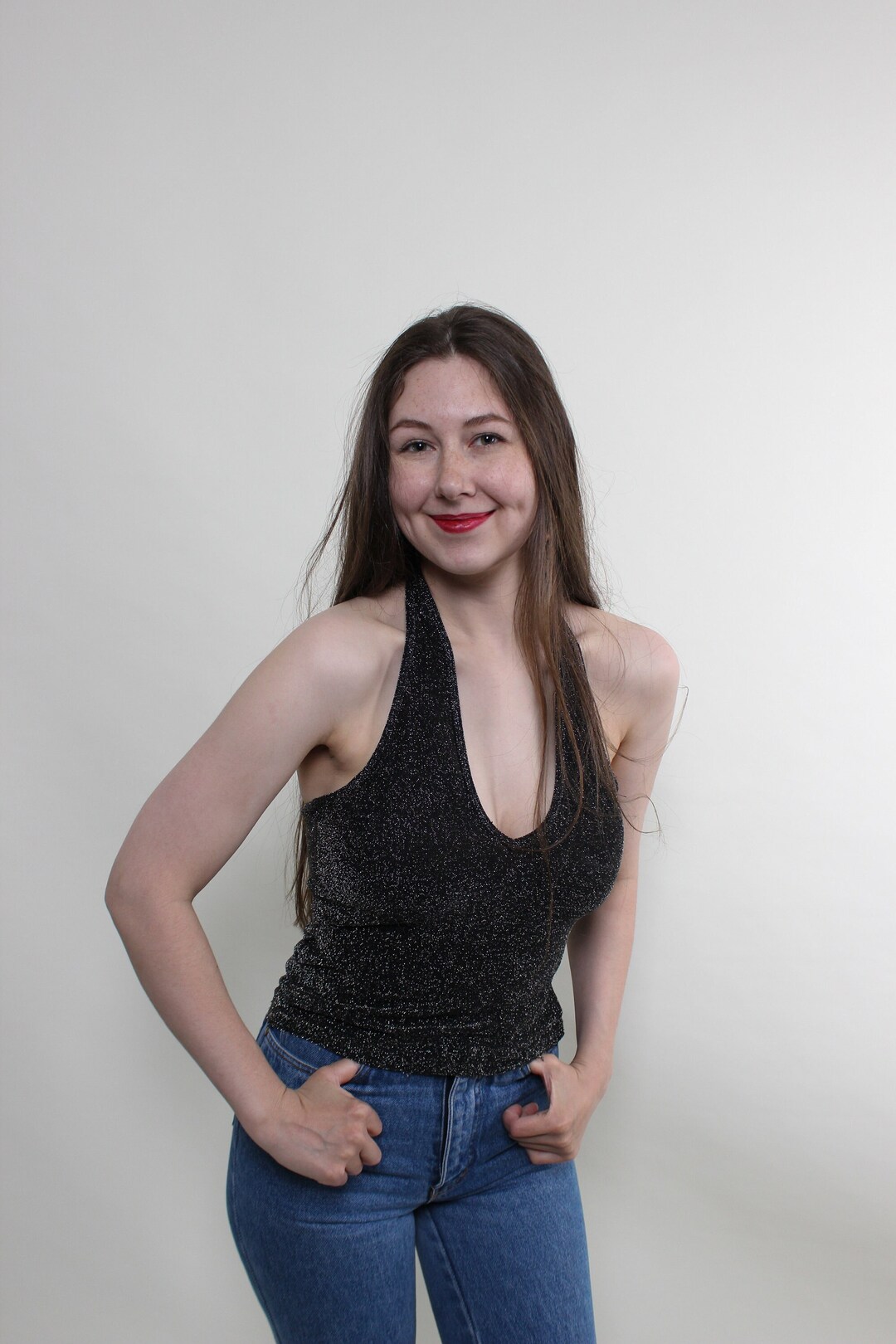 Vintage 90s Halter Top, Shiny Black Crop Top, Stretchy Party Top, Size ...