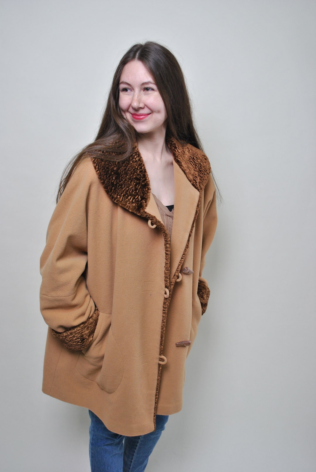 Vintage 90s Wool Coat, Women Fancy Overcoat, Brown Fall Coat, Size L - Etsy
