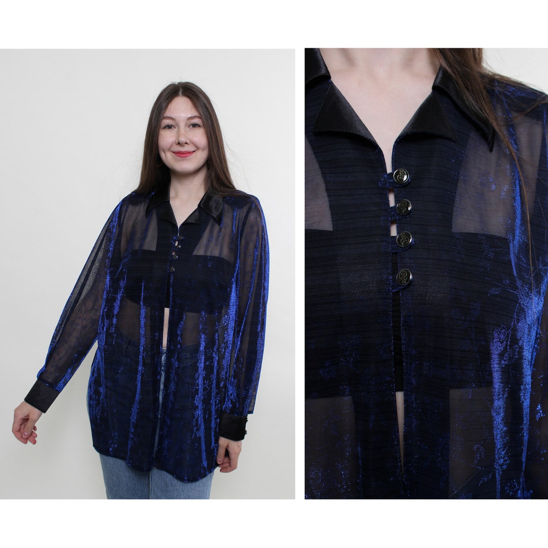 Vintage 90s Neon Blouse, Blue Sheer Blouse, Oversized Rave Blouse, Size ...