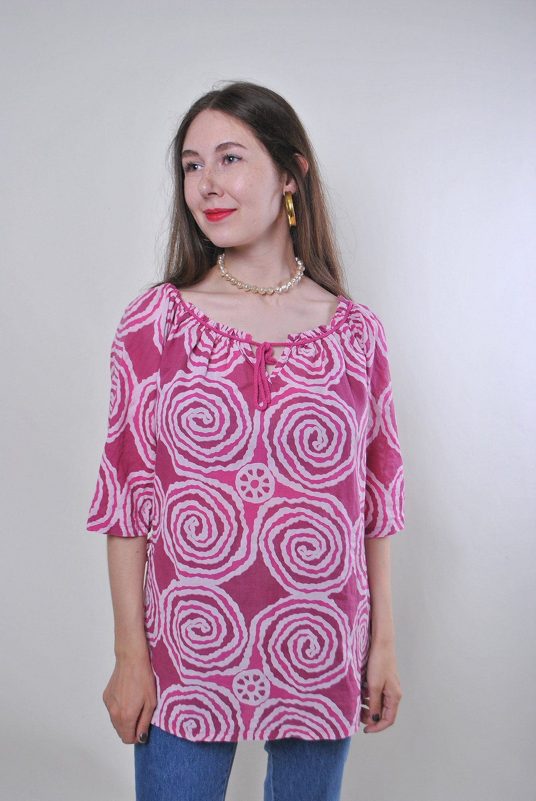 Abstract Print Vintage Cute Pink Blouse, Size L - Etsy