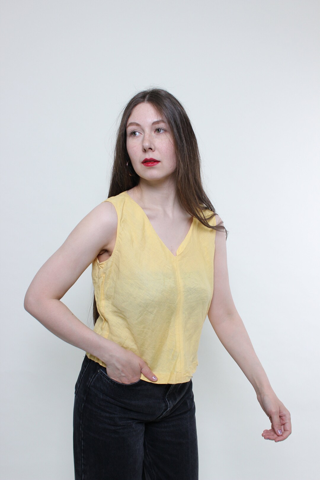 90s V-neck Sheer Crop Top, Vintage Minimalist Tank Top in Yellow, Size ...