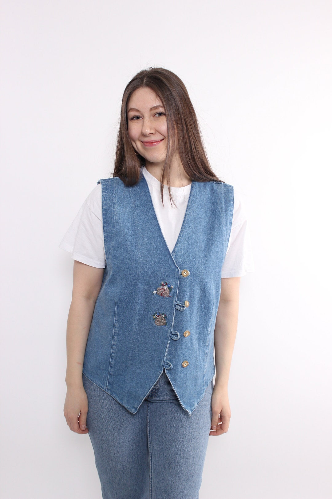 Vintage 90s Denim Vest, Flowers Embroidery Folk Blue Vest, Size M - Etsy