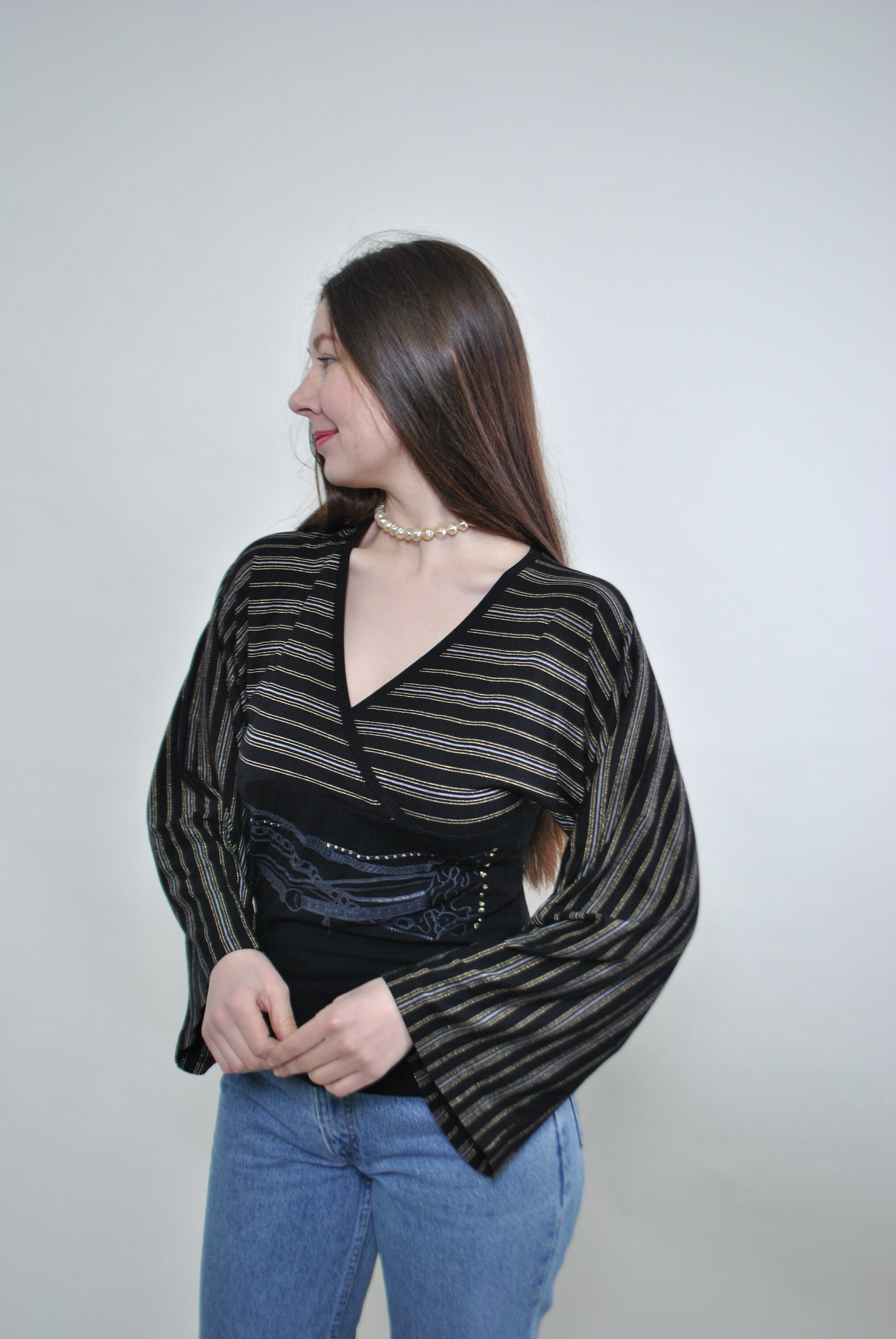 90s Wide Sleeves Blouse Fitted Stretchy Shirt MEDIUM Size - Etsy