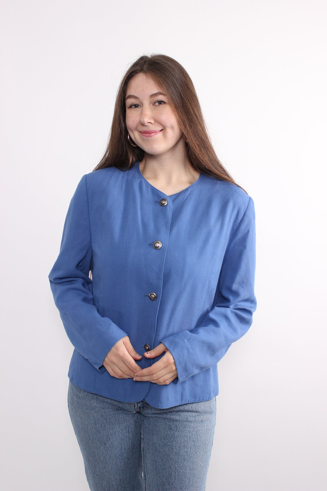 90s Linen Blazer, Vintage Blue Color Formal Jacket, Size L - Etsy