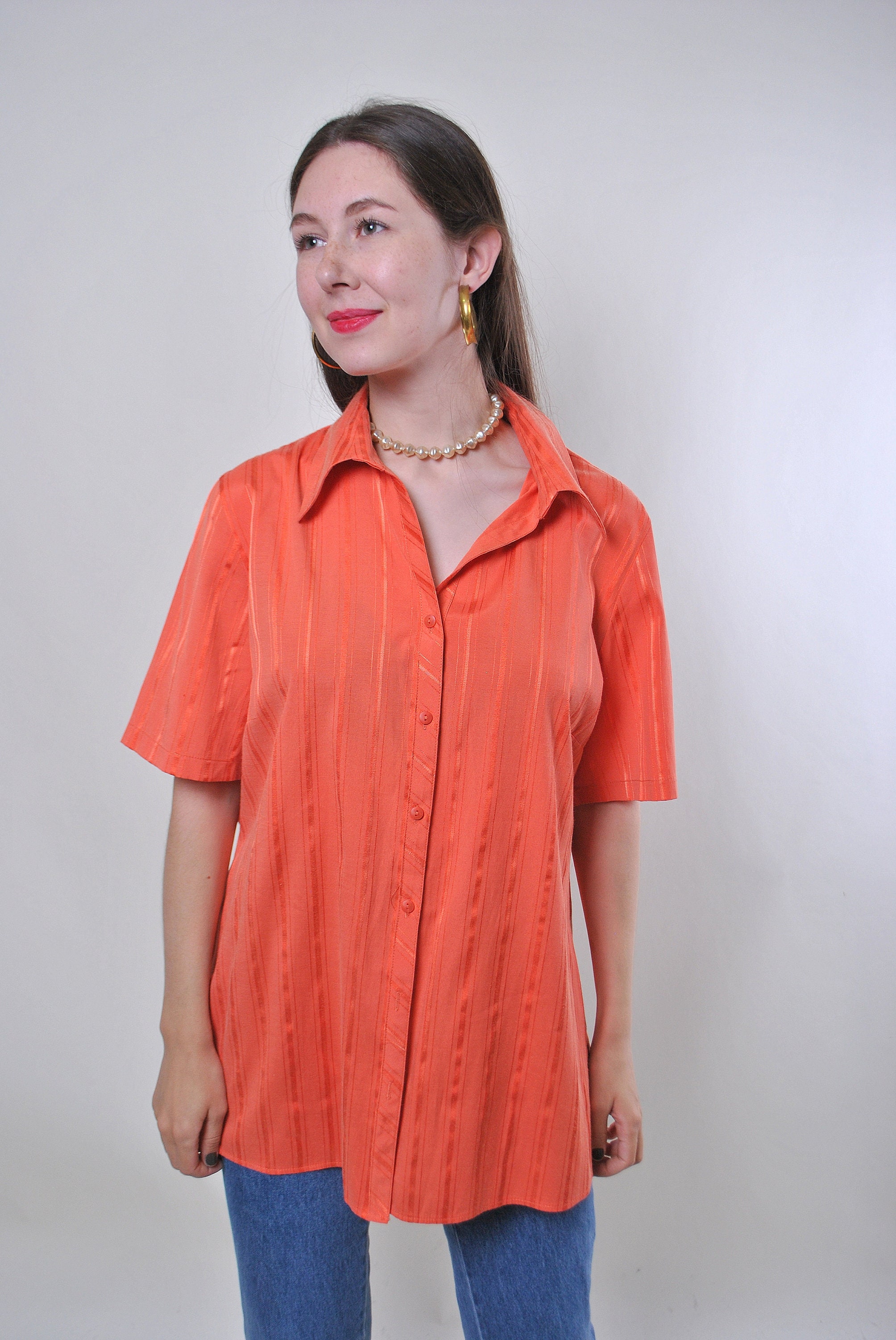 Vintage Striped Orange Blouse With Short Sleeve Size L Etsy