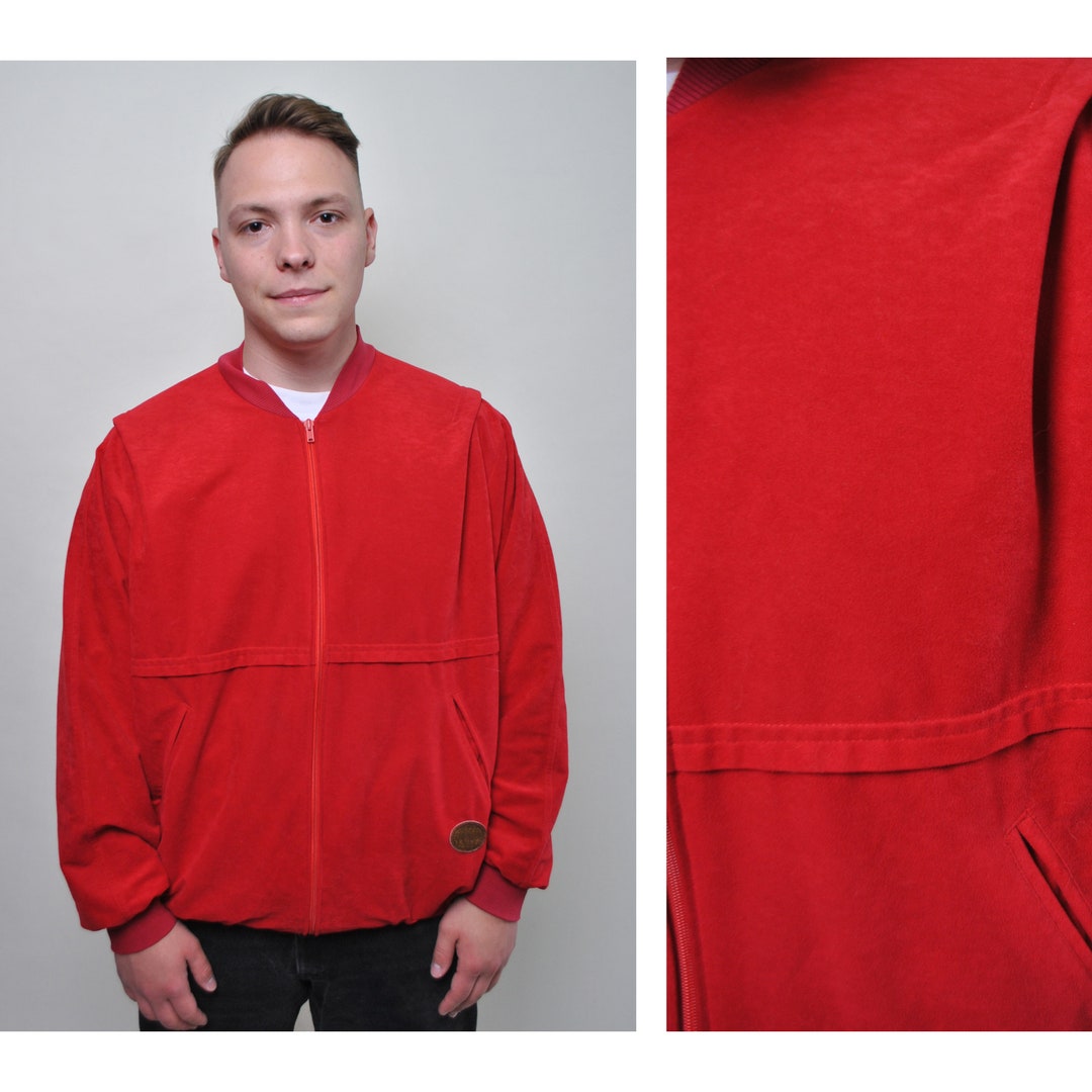 Minimalist Red Bomber Jacket, 90s Casual Aviator Jacket LARGE Size ...
