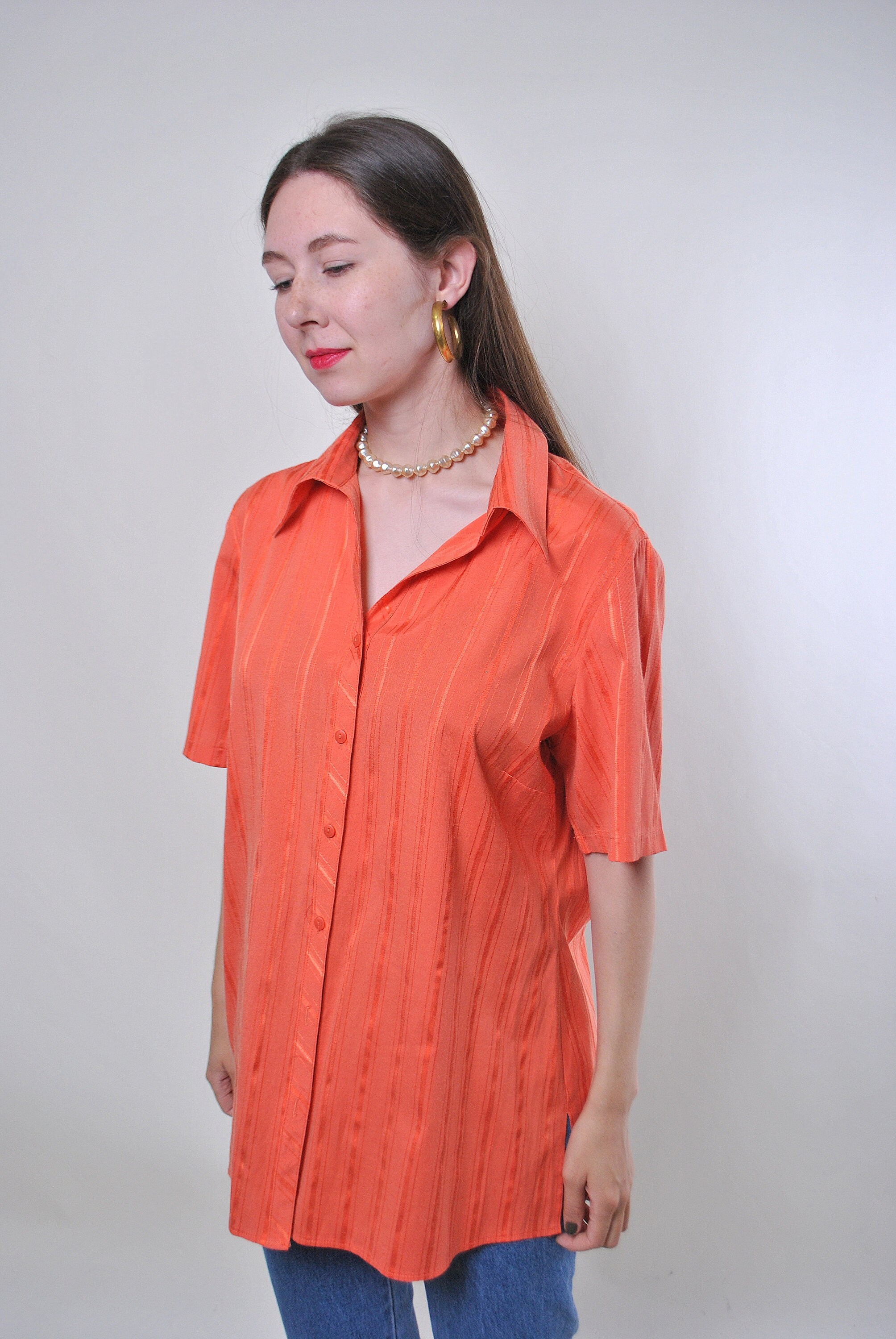 Vintage Striped Orange Blouse With Short Sleeve Size L Etsy