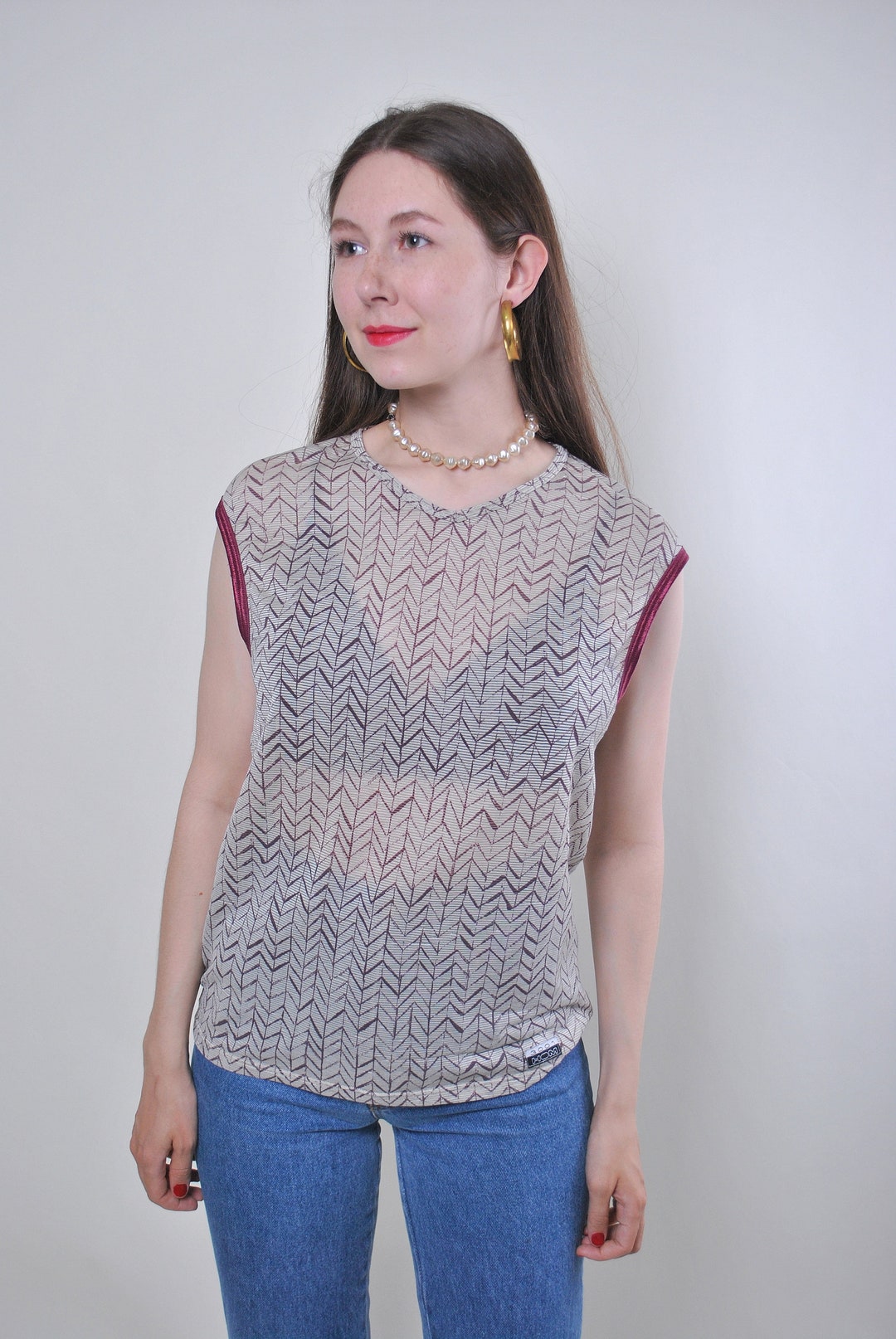 90s Sheer Mesh Top, Abstract Print Woman Vintage Transparent Sport Tank ...