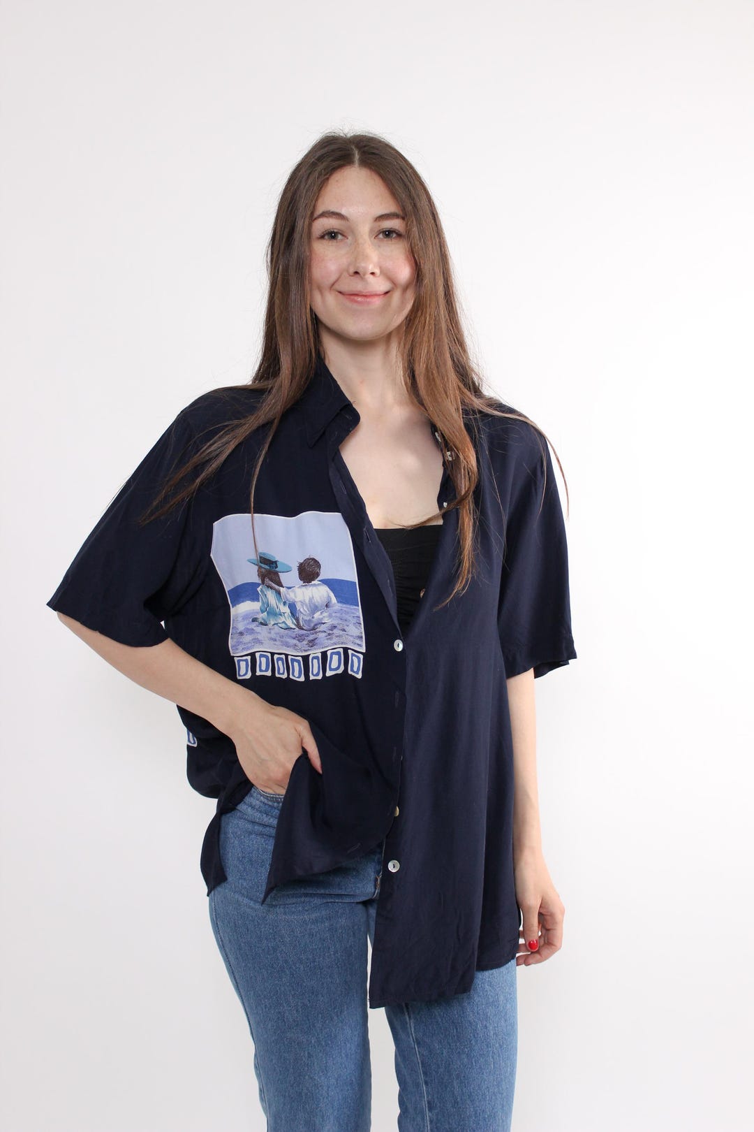 90s Navy Blue Blouse With Shoulder Pads, Vintage Viscose Beach Print ...