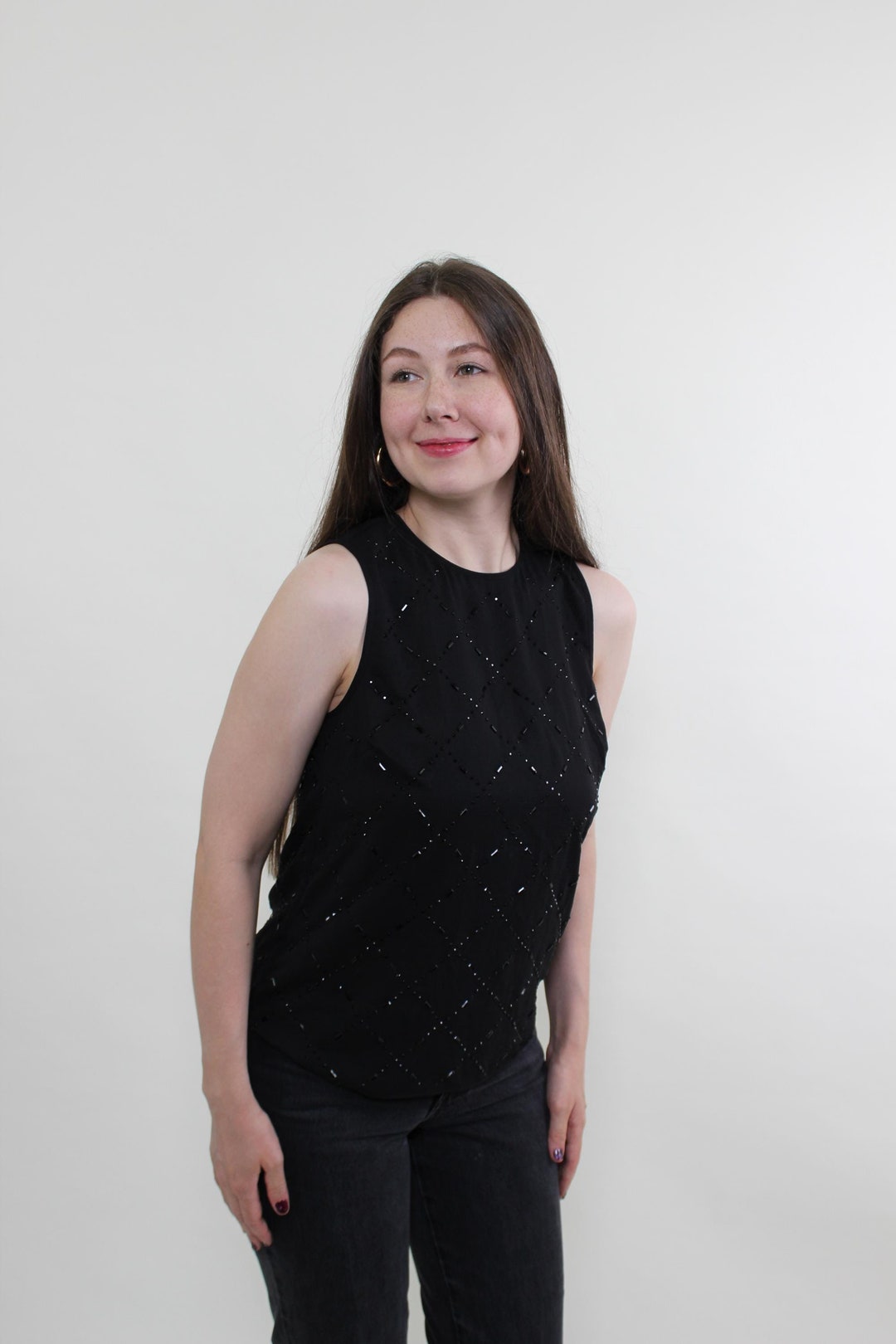 90s Shiny Tank Top in Black, Vintage Black Zip Party Crop Top, Size M ...