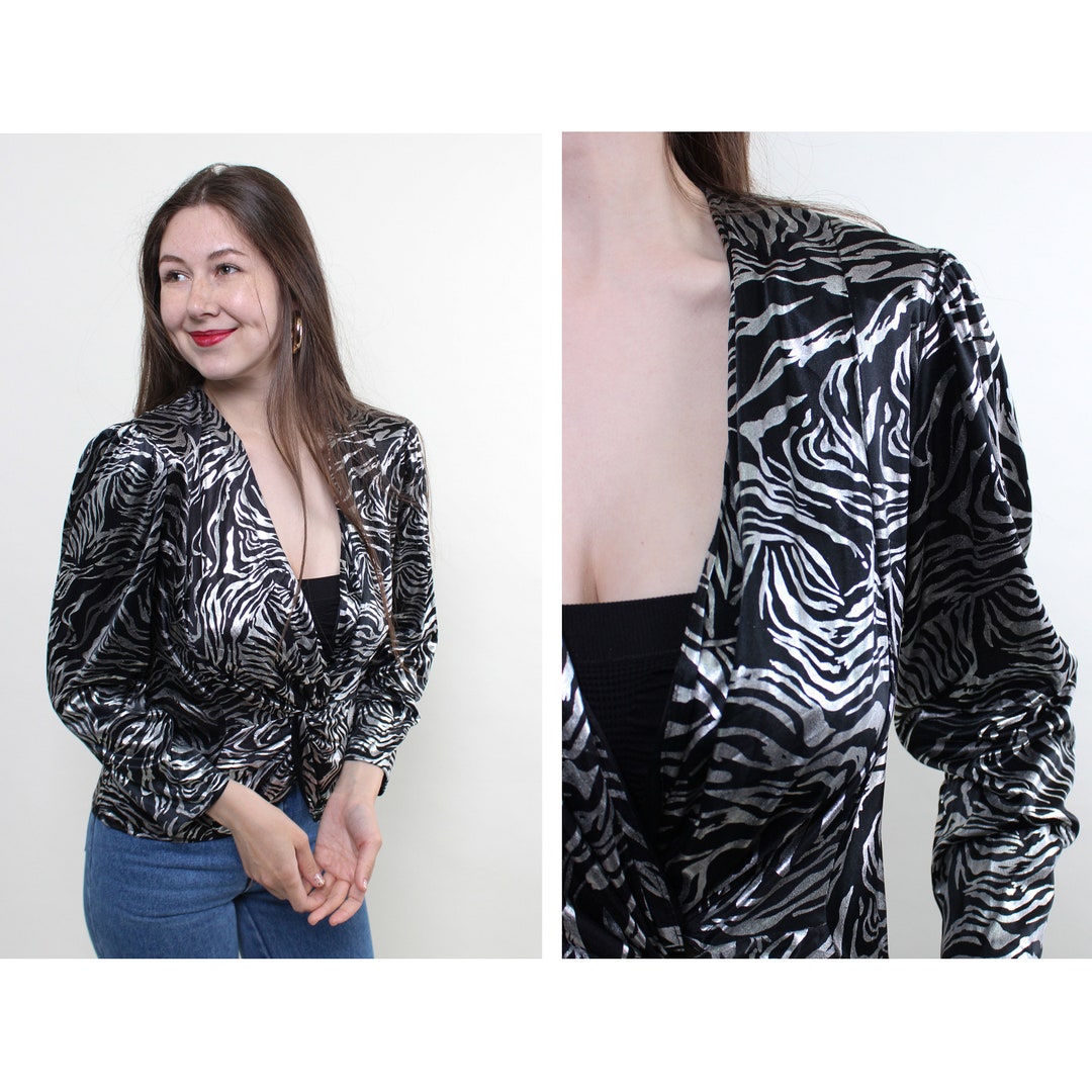Blusa cóctel vintage de los años 80, blusa cebra brillante, blusa ...