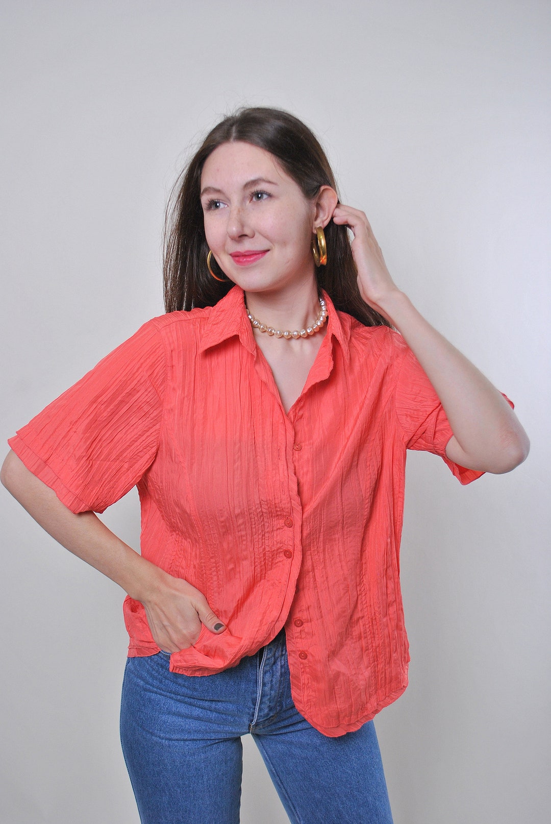 Vintage Minimalist Orange Blouse With Short Sleeve Size L - Etsy