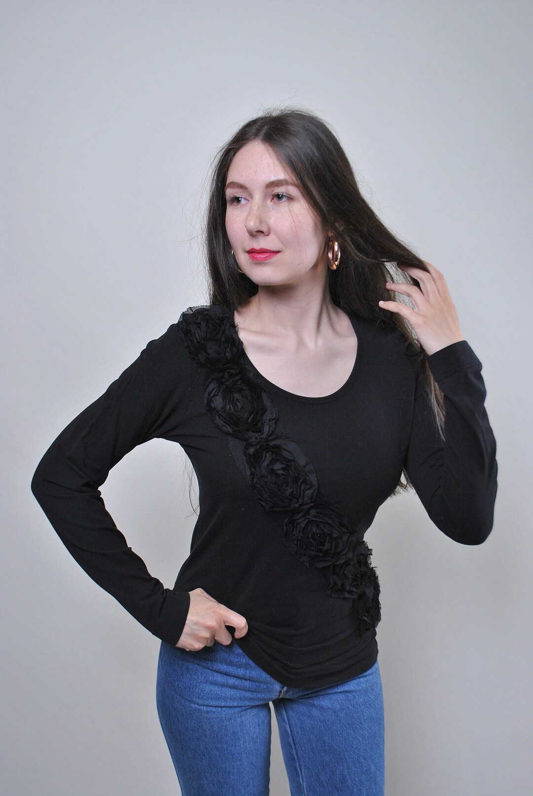 90s Roses Black Blouse, Vintage Flower Pullover Stretchy Blouse,, Size ...