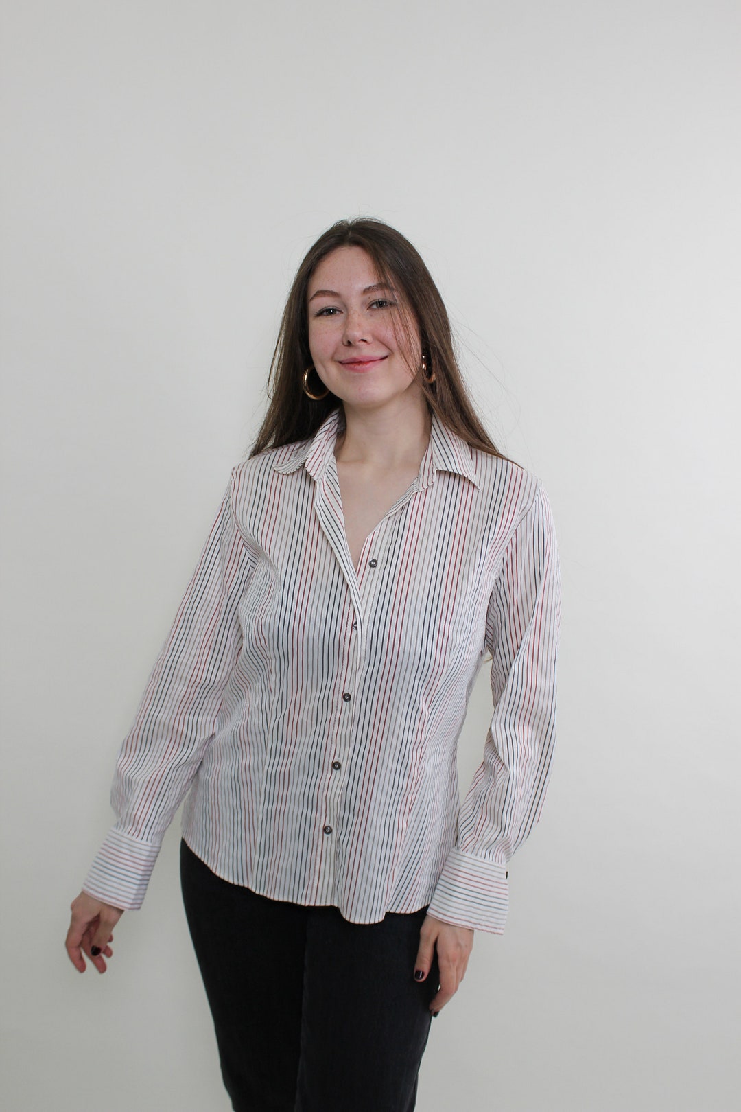 Vintage Striped Print Formal Blouse, 90s Multicolor Pattern Button ...