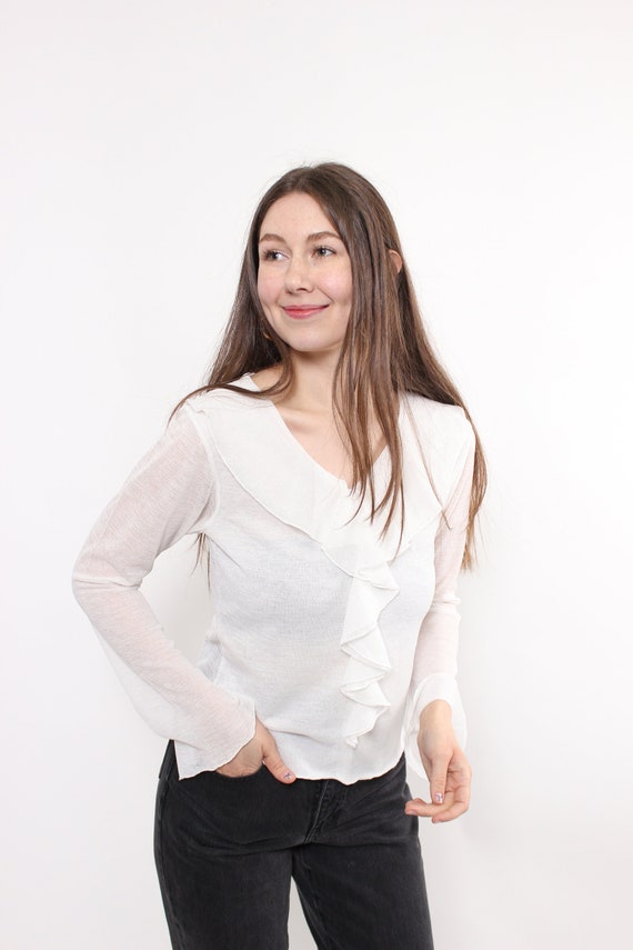 90s sheer ruffle blouse, vintage transparent long sle… - Gem