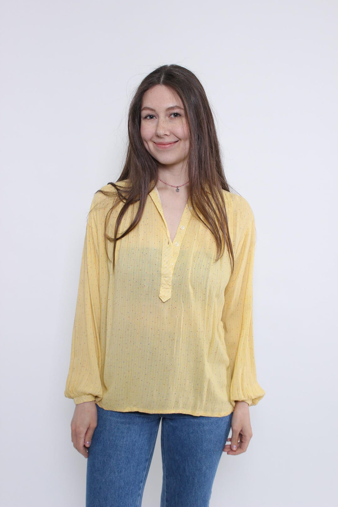 90s Sheer Yellow Blouse, Vintage Minimalist Striped Blouse, Size M - Etsy