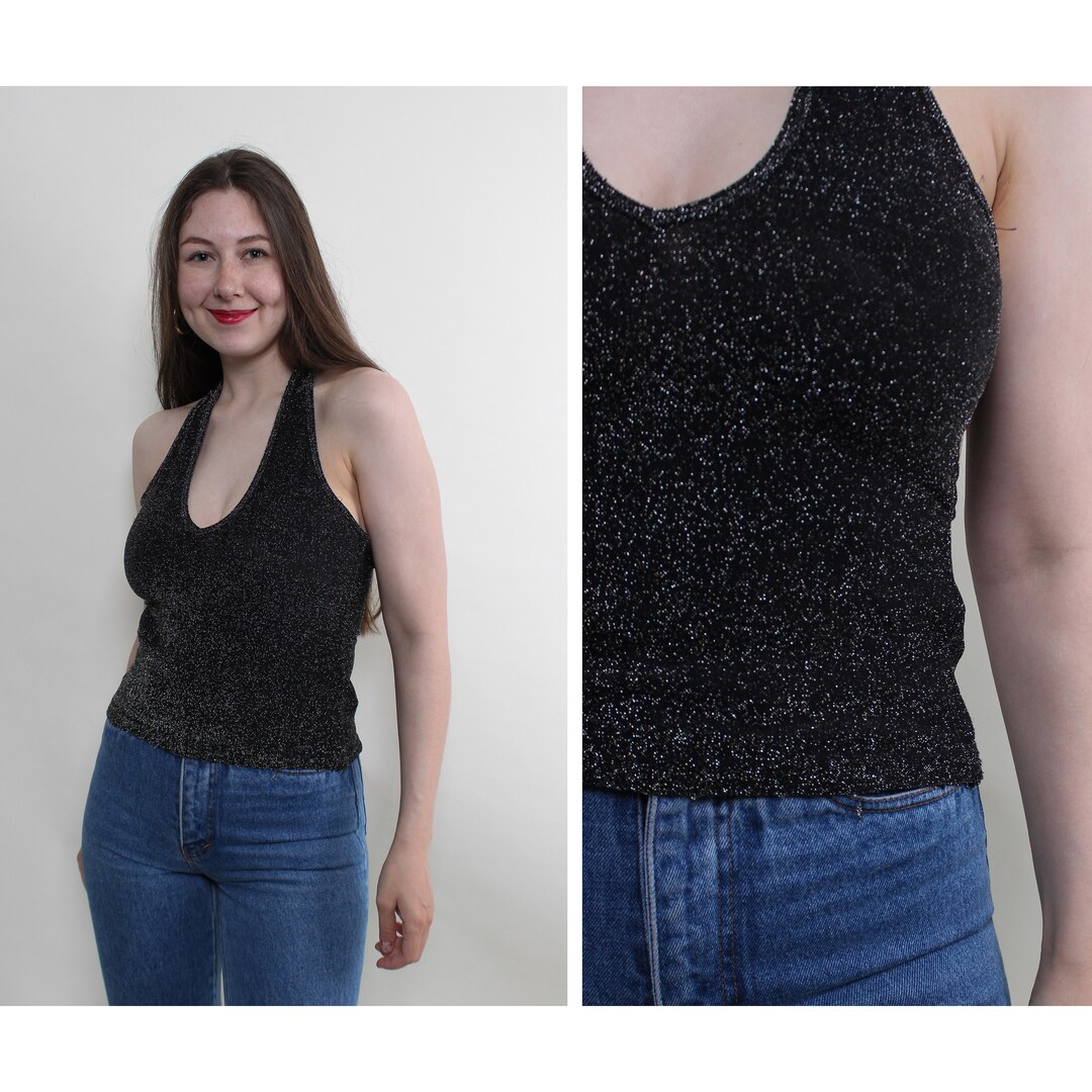 Vintage 90s Halter Top, Shiny Black Crop Top, Stretchy Party Top, Size ...