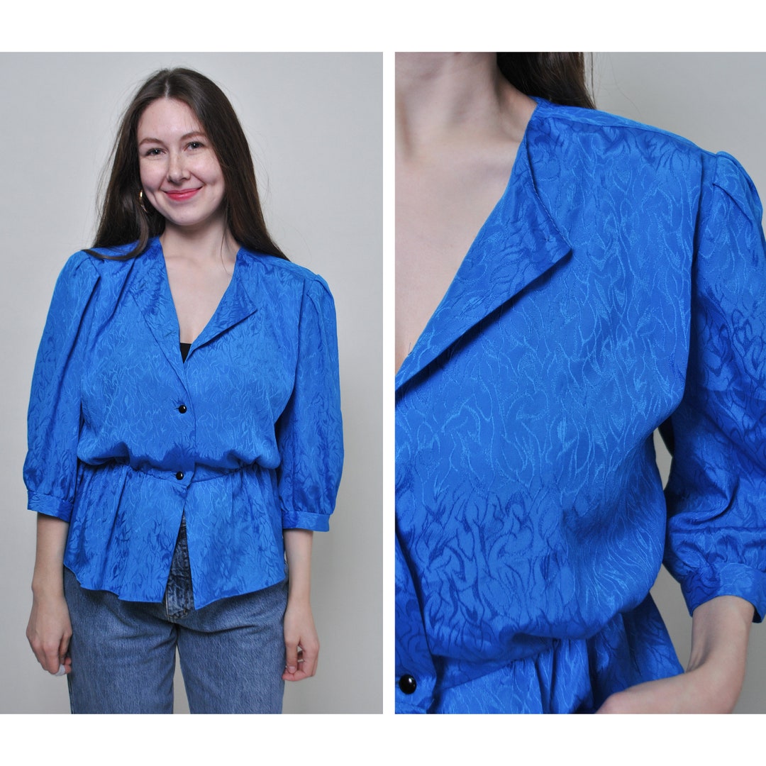 Puff Sleeve Evening Blouse, Patterned Blue Color Shirt for Work MEDIUM ...