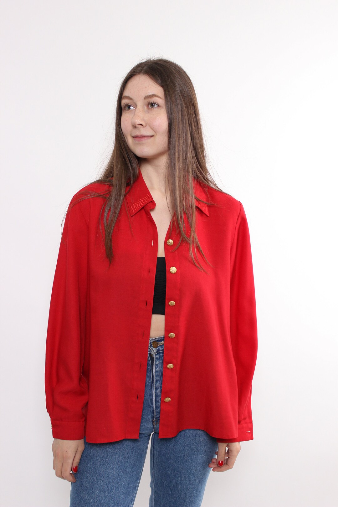 90s Gold Buttons Cocktail Blouse in Red Color, Vintage Crop Evening ...