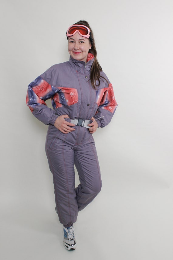 One piece purple ski suit, retro women snowsuit MEDIU… - Gem