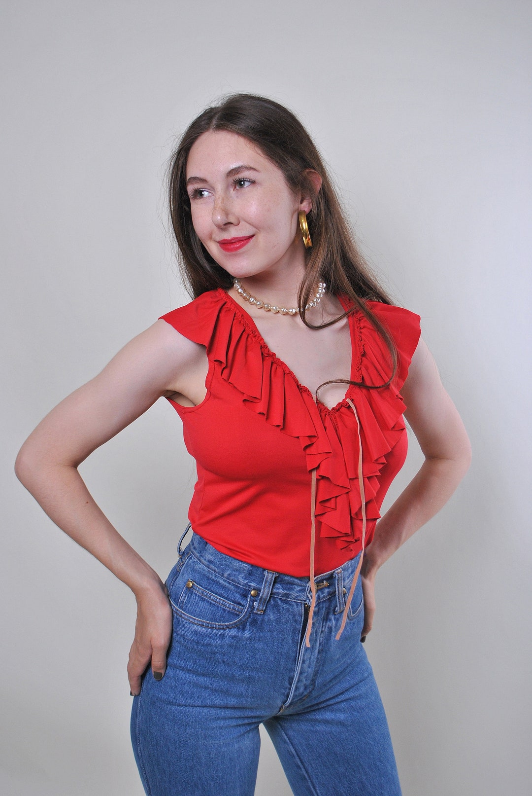 90s Red Ruffle Blouse, Vintage Deep V-neck Tie Sleeveless Blouse, Size ...