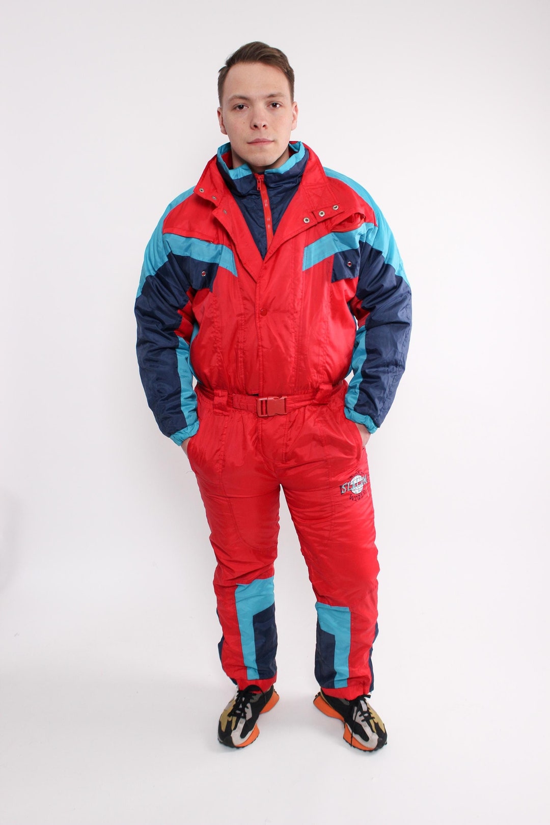 80s One Piece Ski Suit, Vintage Red Snowsuit, Men Winter Jumpsuit, Size ...