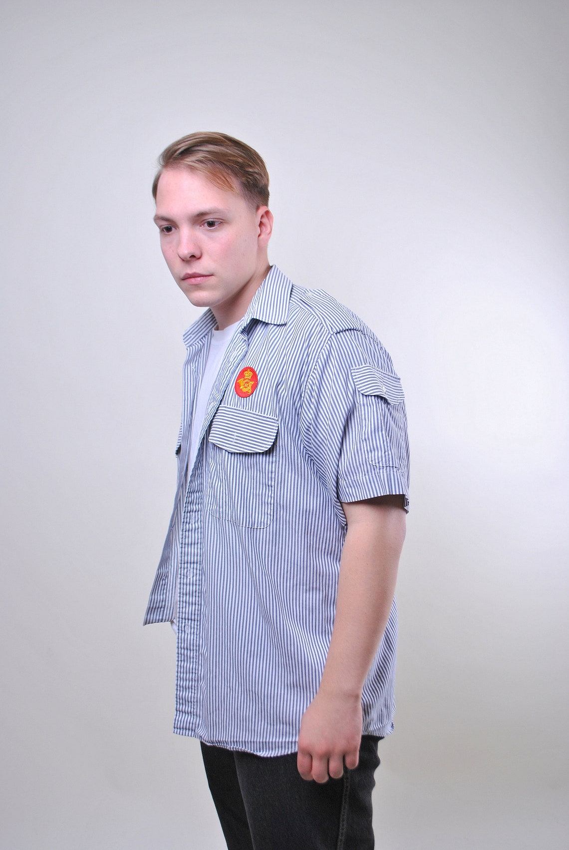 Vintage Utility Striped Man Blue Worker Shirt With Short - Etsy