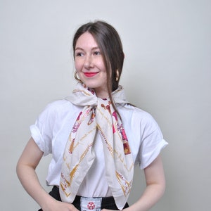 White Luxury Shawl, 90s Gold Print Hair Scarf, Vintage 1990s Headscarf ...
