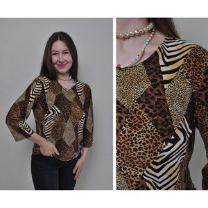 Y2k Leopard Print Blouse, Vintage Patchwork Style Wide Sleeve Pullover ...