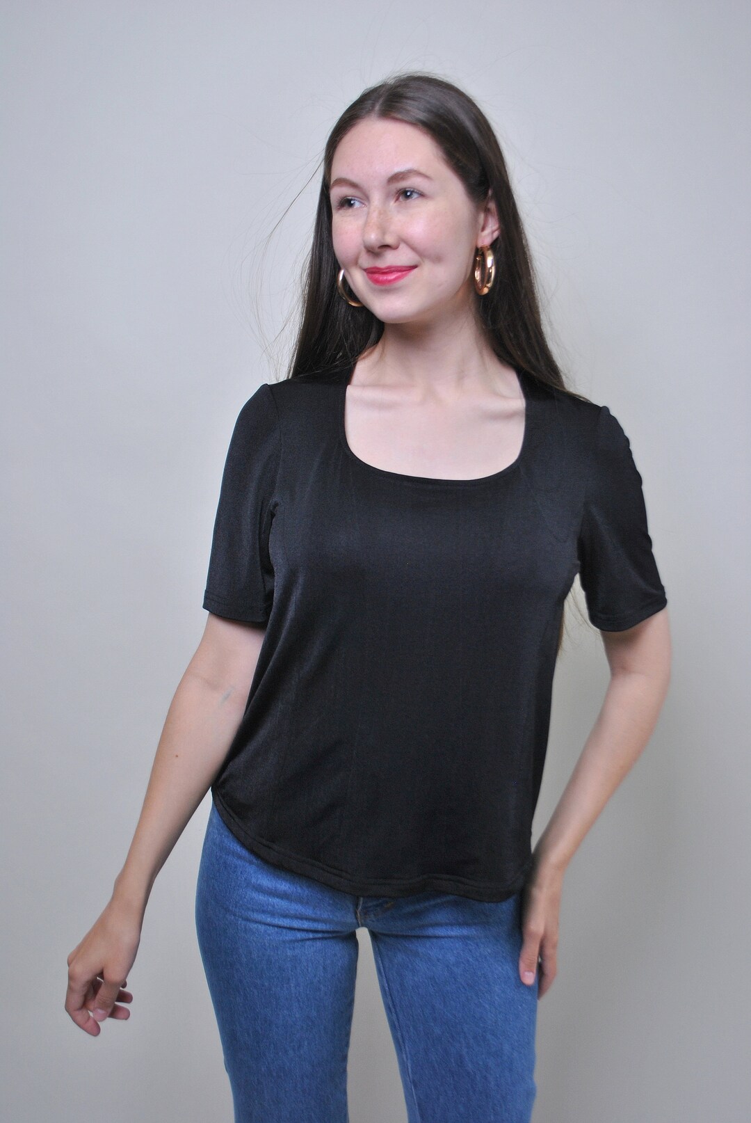 90s Square Neck Black Blouse, Vintage Minimalist Pullover Blouse, Size ...