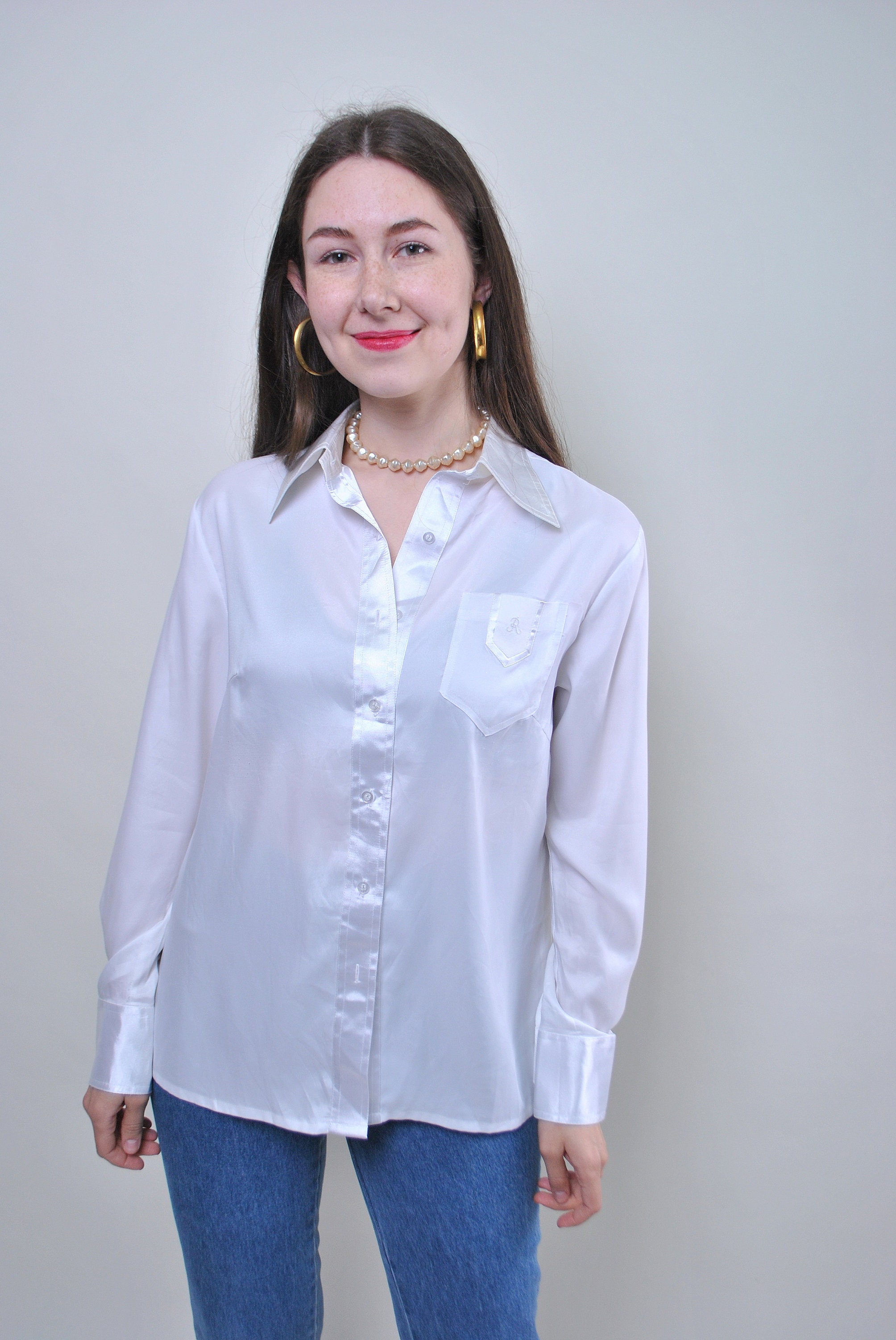 Vintage white office blouse 90s retro floral shirt Size L | Etsy