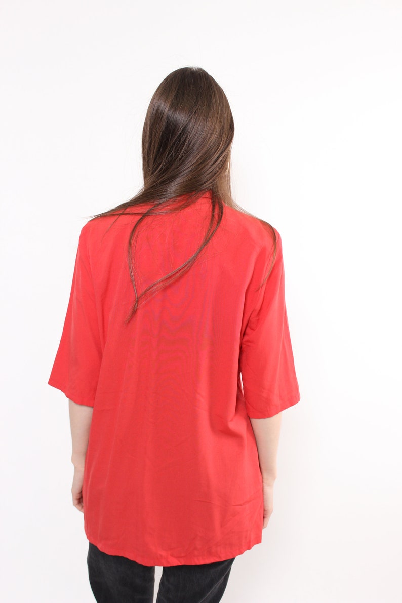 80s Red Formal Blouse, Vintage Woman Short Sleeve Office Shirt, Size L ...