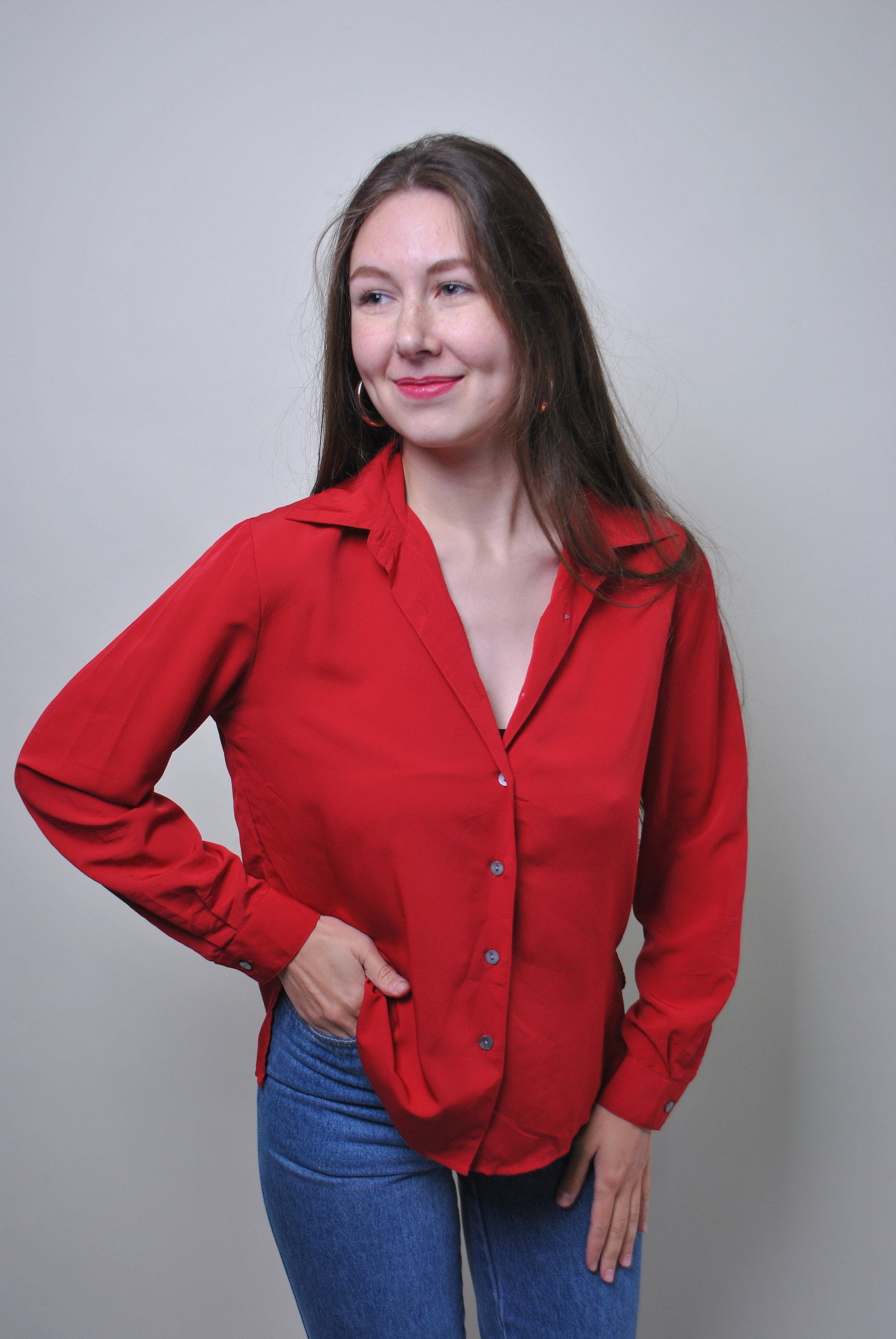 90s Minimalist Blouse in Red, Vintage Button Front Puff Sleeve Blouse ...